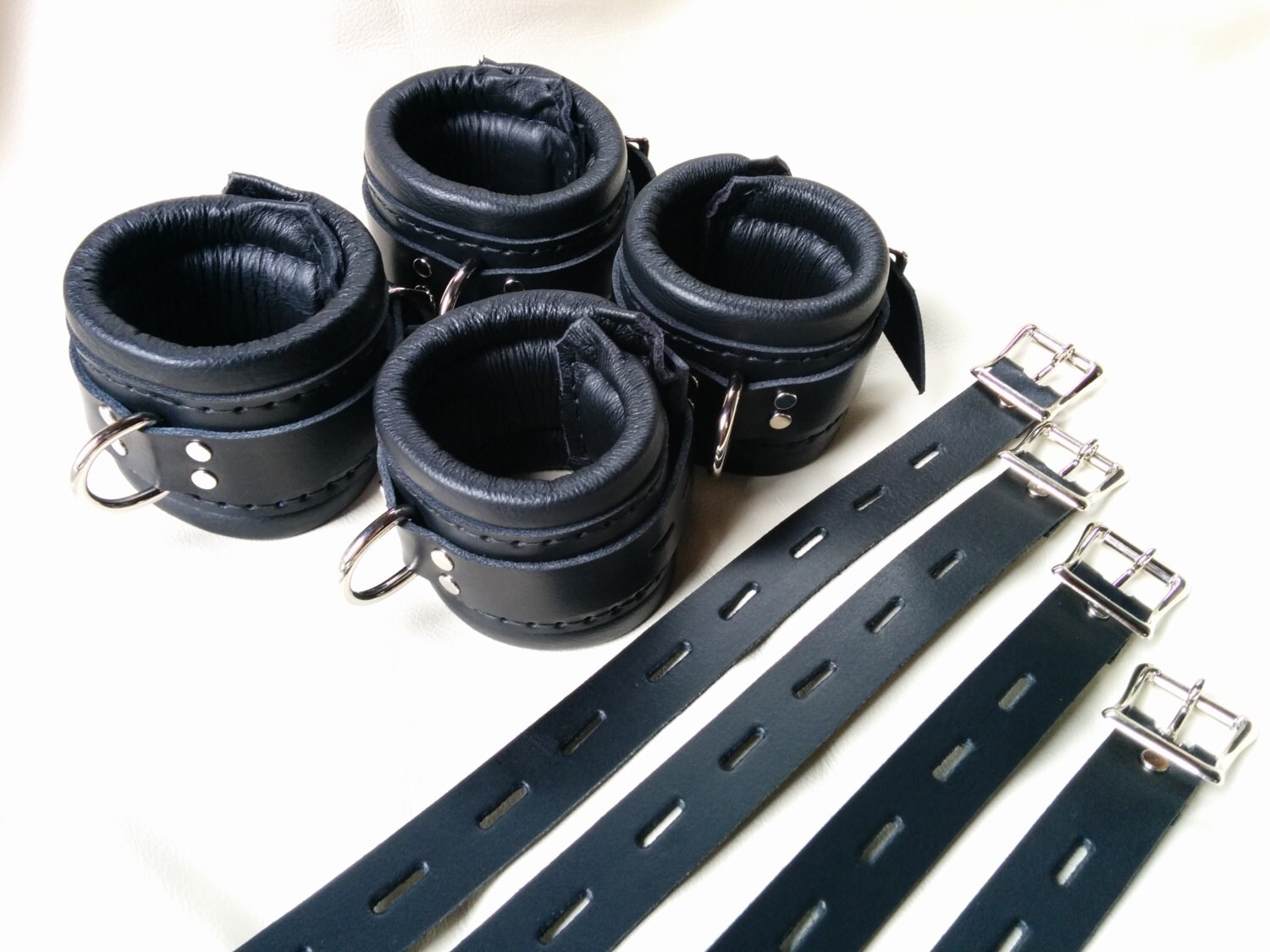Bondage Cuffs with Belts Bed Restraints Real Leather Black