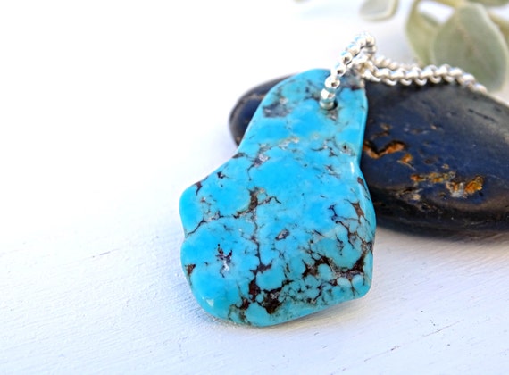 raw turquoise pendant silver arizona turquoise necklace blue