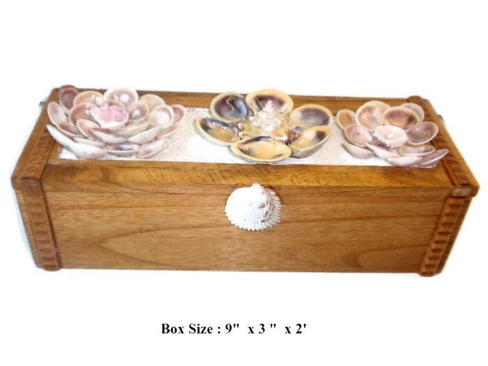 Wooden Box decorated w/ Sea Shells and Sand. 100 % Handmade