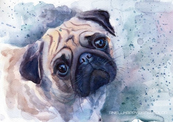 Pug print Pug watercolor painting Pug poster Pug big print Pug