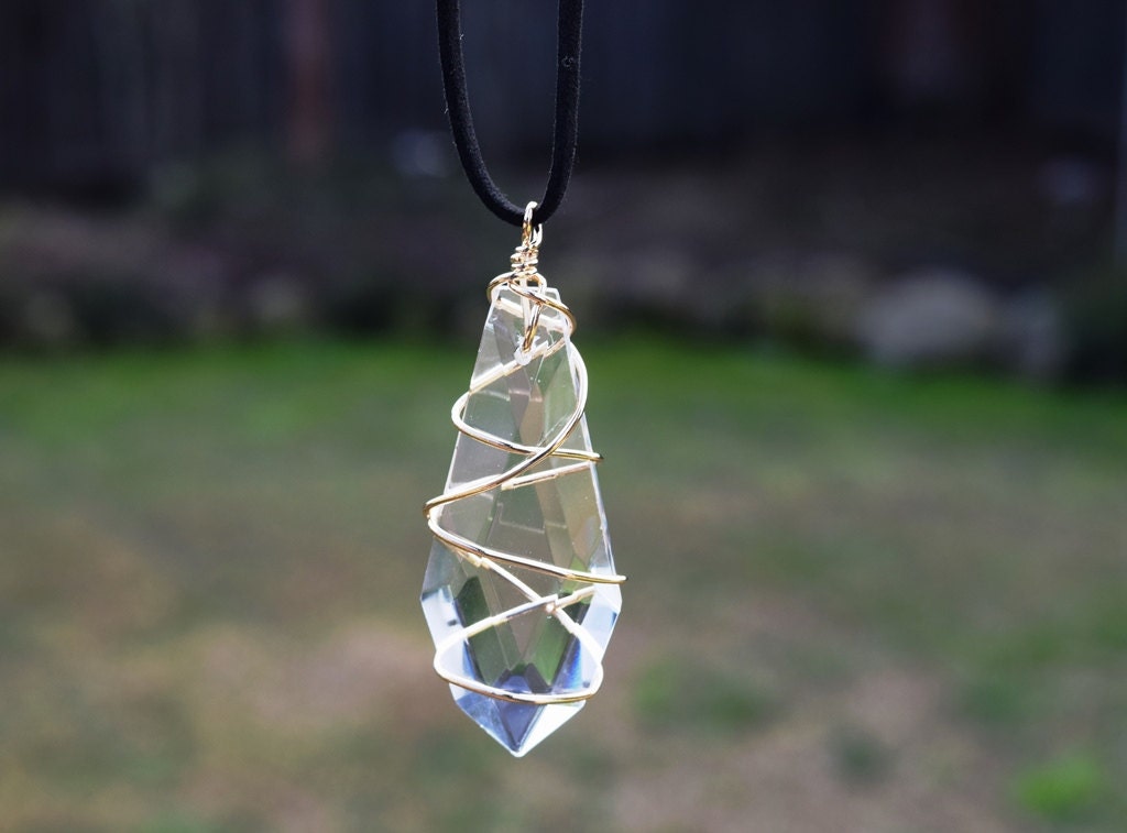 Gold Wire Wrapped Crystal Necklace, Clear Wire Wrapped Crystal Pendant ...