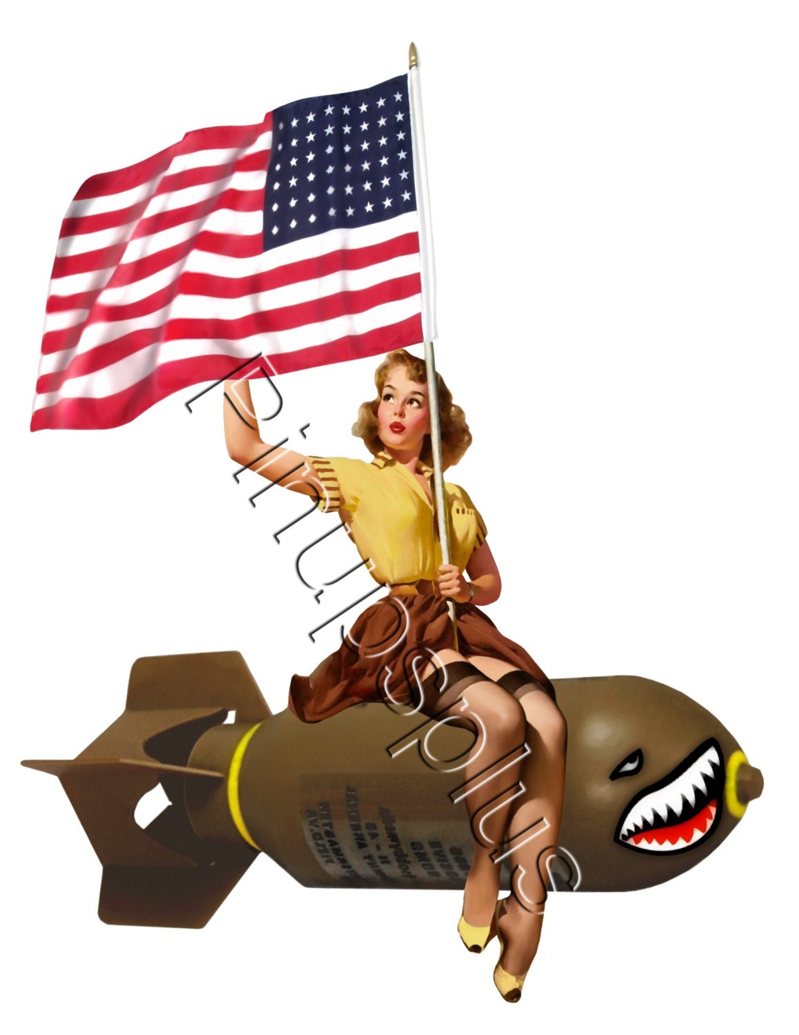 WWII Bomber USA Flag Pinup Girl riding bomb Waterslide Decal