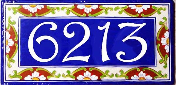 Cobalt blue border number sign hand painted Italian house