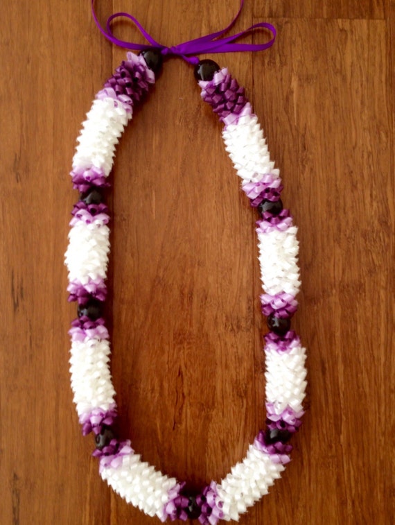 Hawaiian White Pikake with Purple Trim and Kukui Nut Ribbon