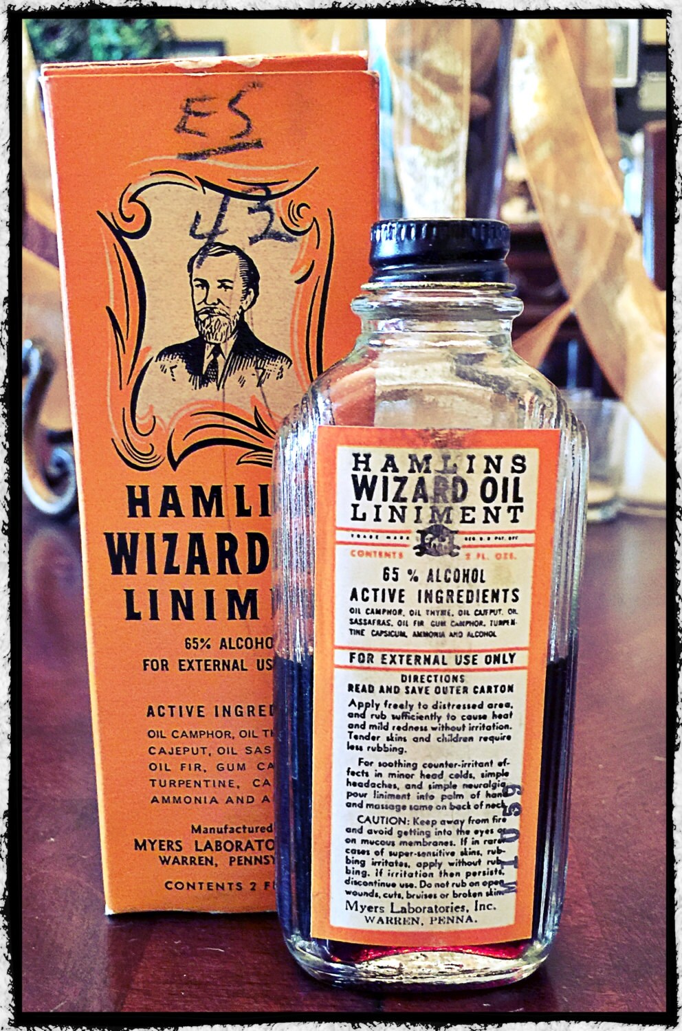 Vintage Hamlins Wizard Oil Liniment Medicine Bottle with Box