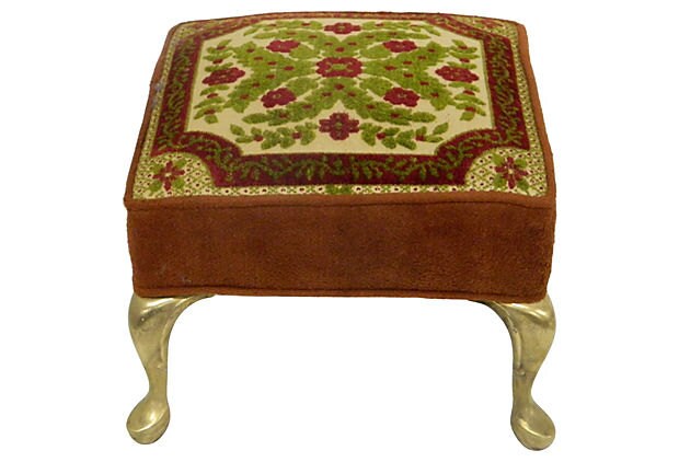 Brass-Footed Chenille Footstool Vintage Footstool Vintage Foot Rest ...