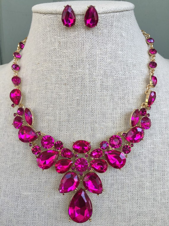 Bright Fuchsia Pink Rhinestone Necklace And Earring Set