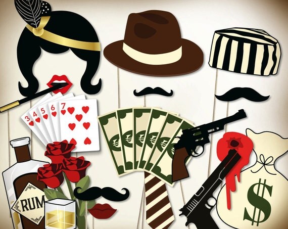 Gangster party photo booth props printable PDF. Prohibition