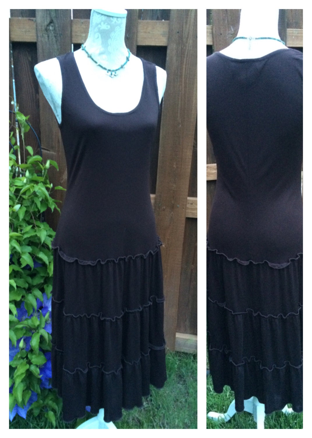 Vintage Brown Polyester Dress with Tiered Skirt Size 10