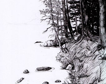Lakeside drawing | Etsy