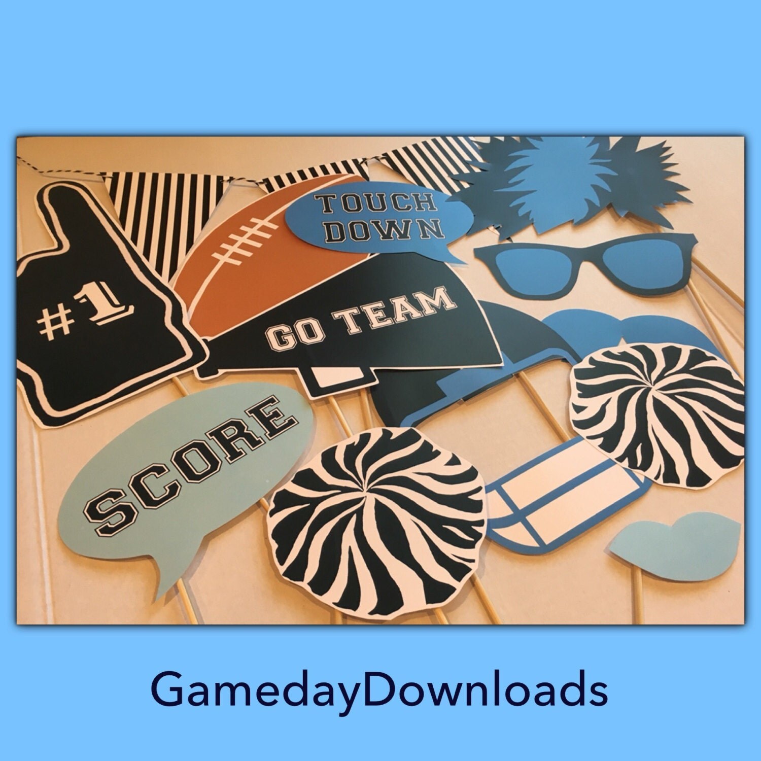 BLUE Football Party Photo Booth Props Digital Download Instant