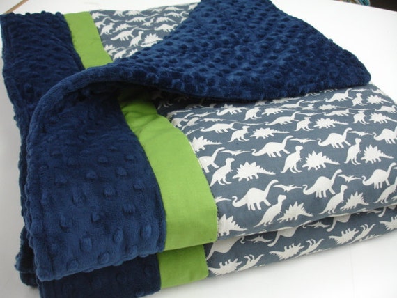 Dinosaurs Navy and Green Minky Comforter Blanket MADE TO ORDER