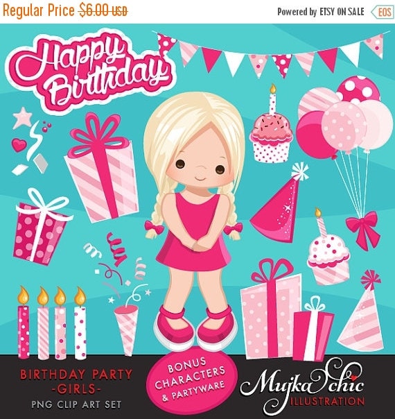 60%OFF SALE Girls Birthday Party Clipart with Cute by MUJKA