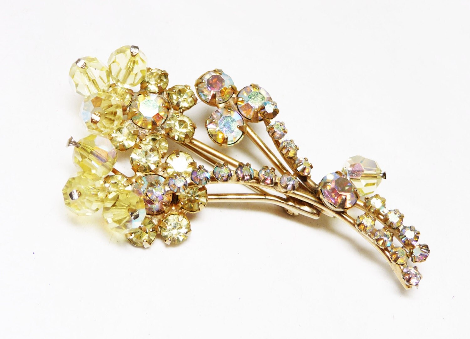 Yellow Rhinestone Flowers brooch Bouquet of by thejewelseeker