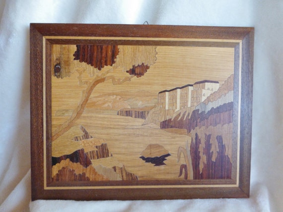 Beautifully detailed marquetry landscape scene inlaid with