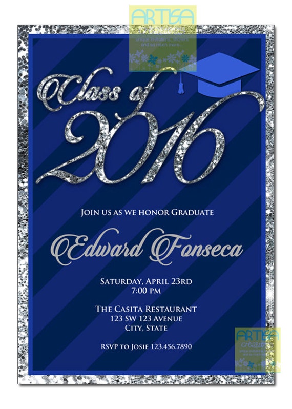 Navy and SIlver graduation invitation navy blue by artisacreations