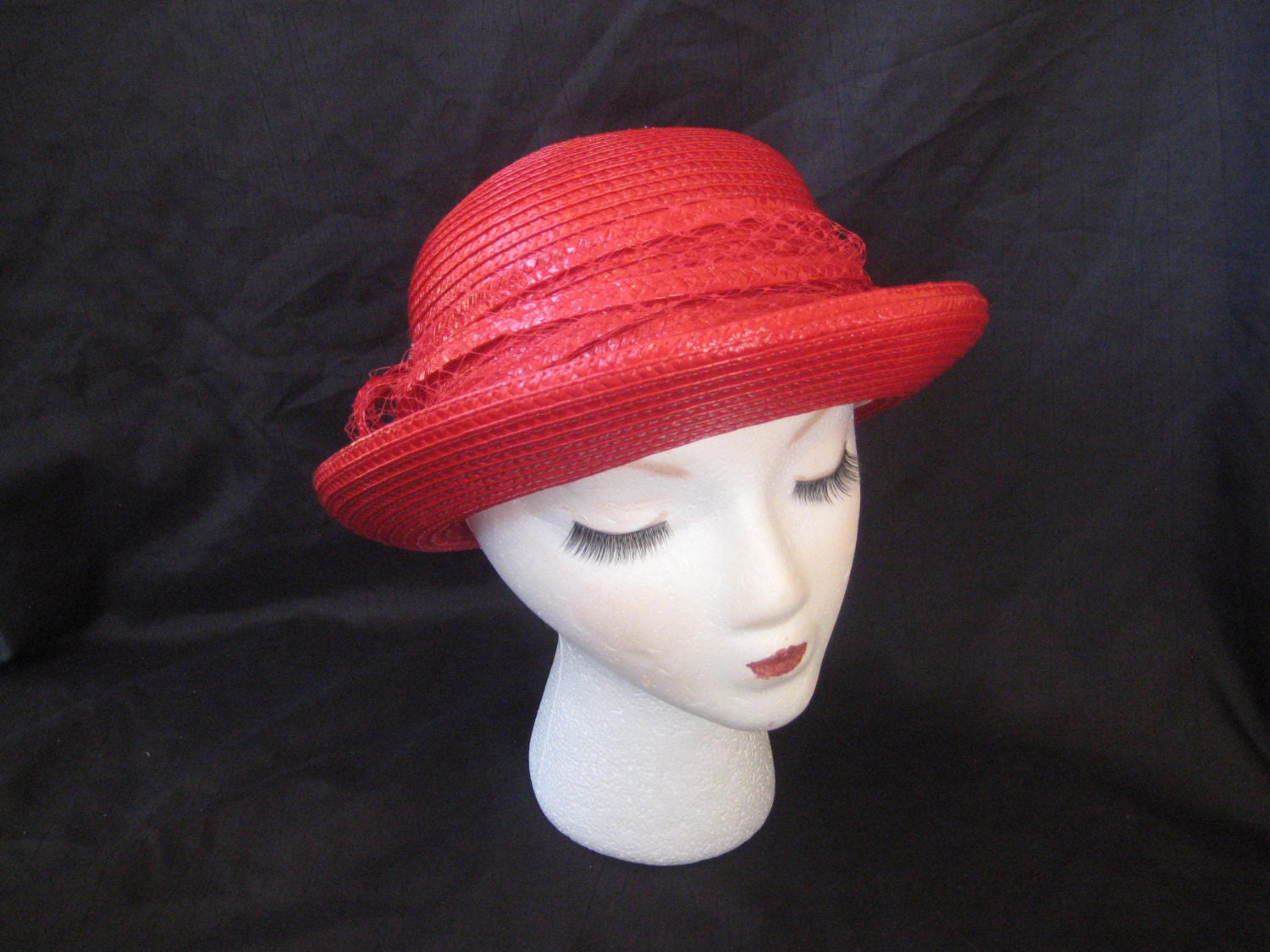 Dark red formal hat, polypropylene hat, large bow hat, turned up brim ...