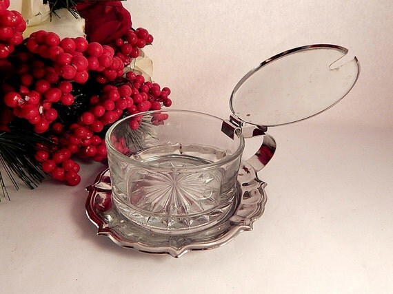 Silver Metal Covered Jam Dish Ornate Glass Sauce Serving Bowl