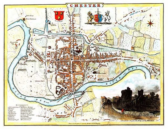 Chester 1807 Antique English Map of Chester Cheshire 8 x