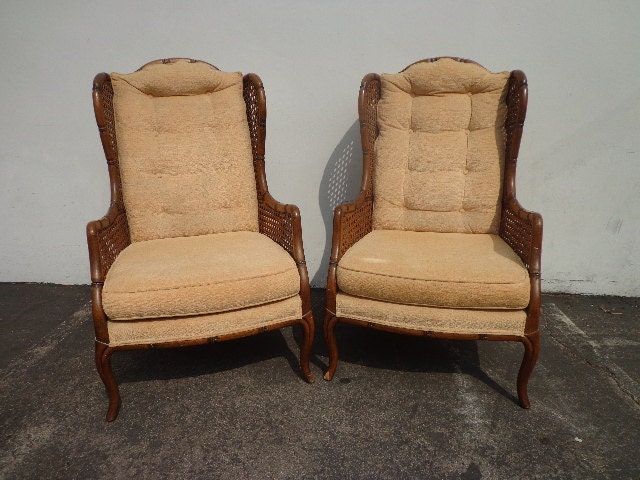 2 Chairs Faux Bamboo Cane Wing Back Wingback Vintage Regency High ...
