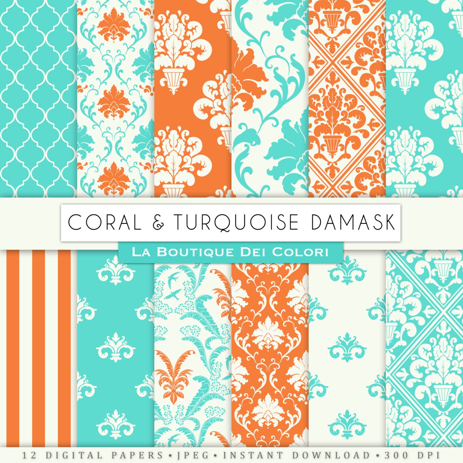 Cute Coral and Turquoise damask digital paper. Orange and Aqua