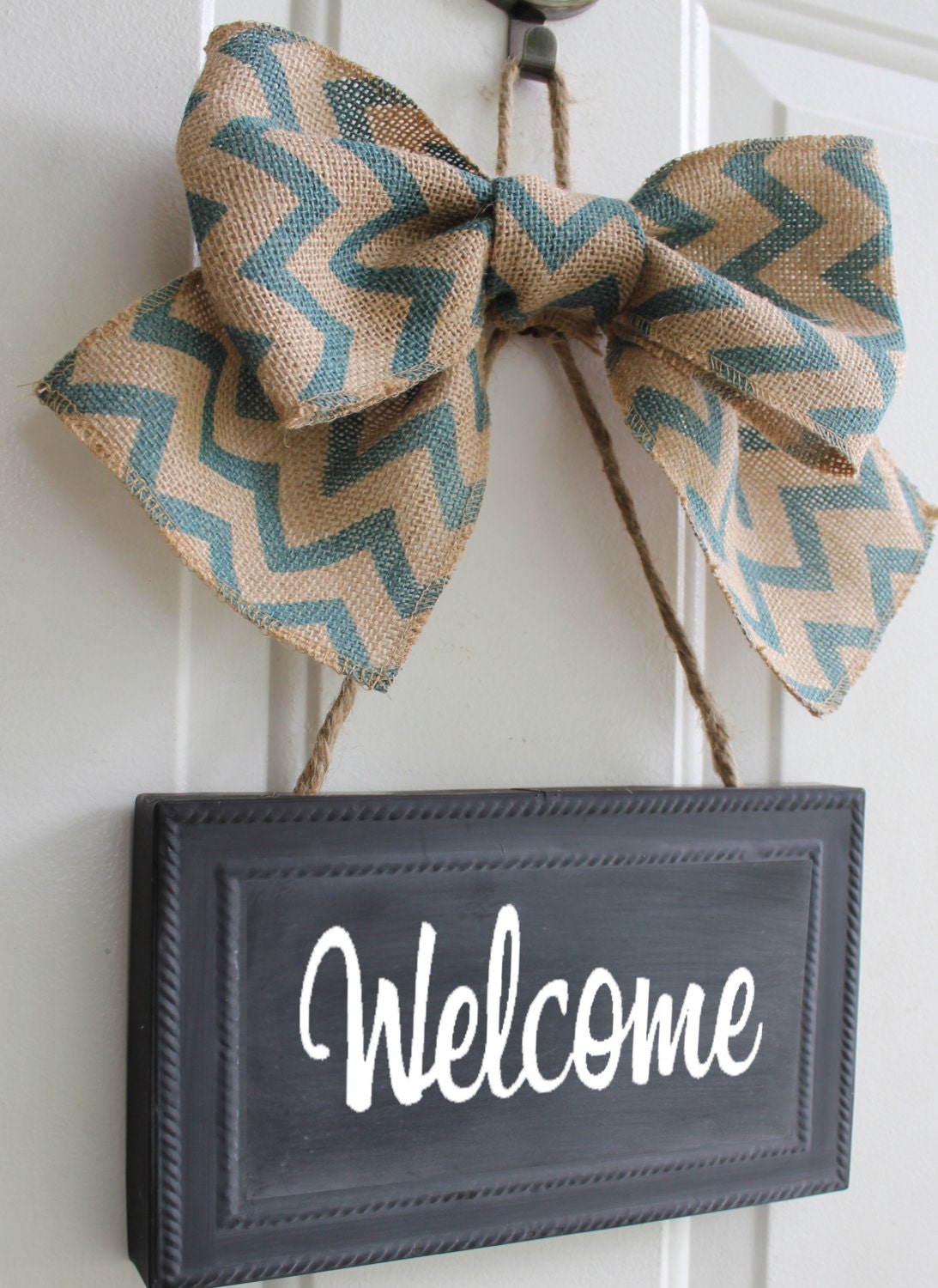 CHALKBOARD Welcome Sign Door Hanging Burlap Bow Ribbon
