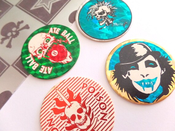 4 shiny vintage skull poison POGS 1990s skill game 8 ball
