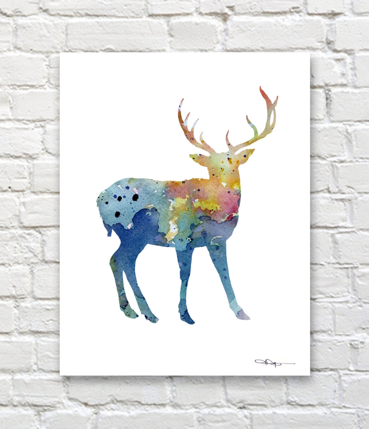 Blue Deer Art Print Watercolor Wildlife Abstract Painting
