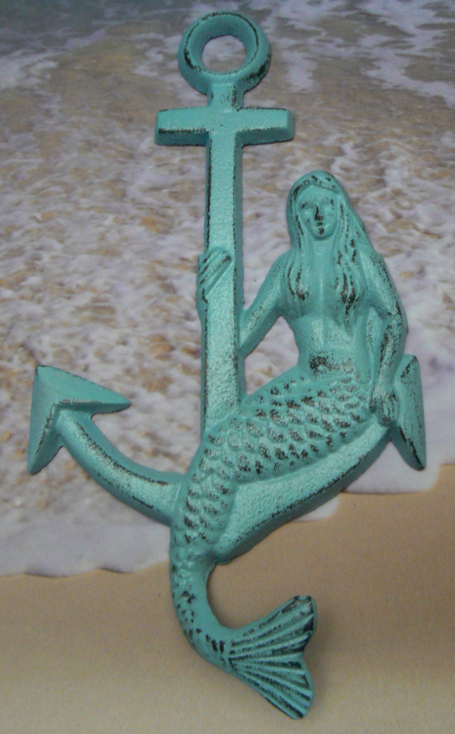 Mermaid Sitting on Anchor Wall Decor Cottage Chic Beach Blue