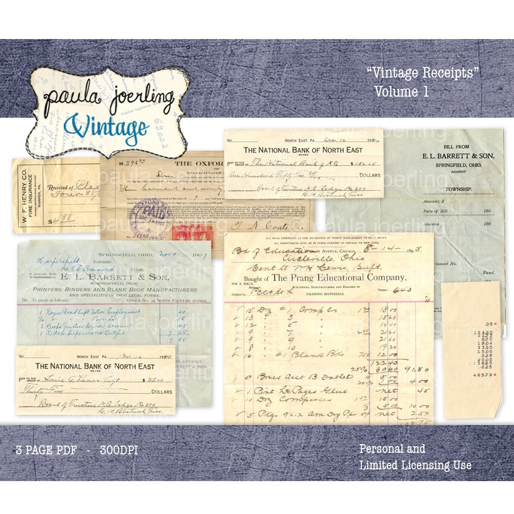 Printable Vintage Receipts Digital Download Ephemera