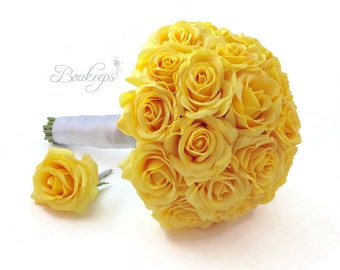 Items similar to 17 Piece Yellow Rose Bridal Bouquet Wedding Set ...