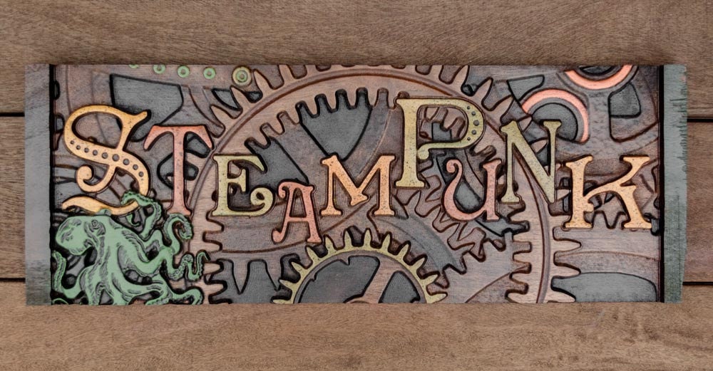 Carved Steampunk Sign in Walnut