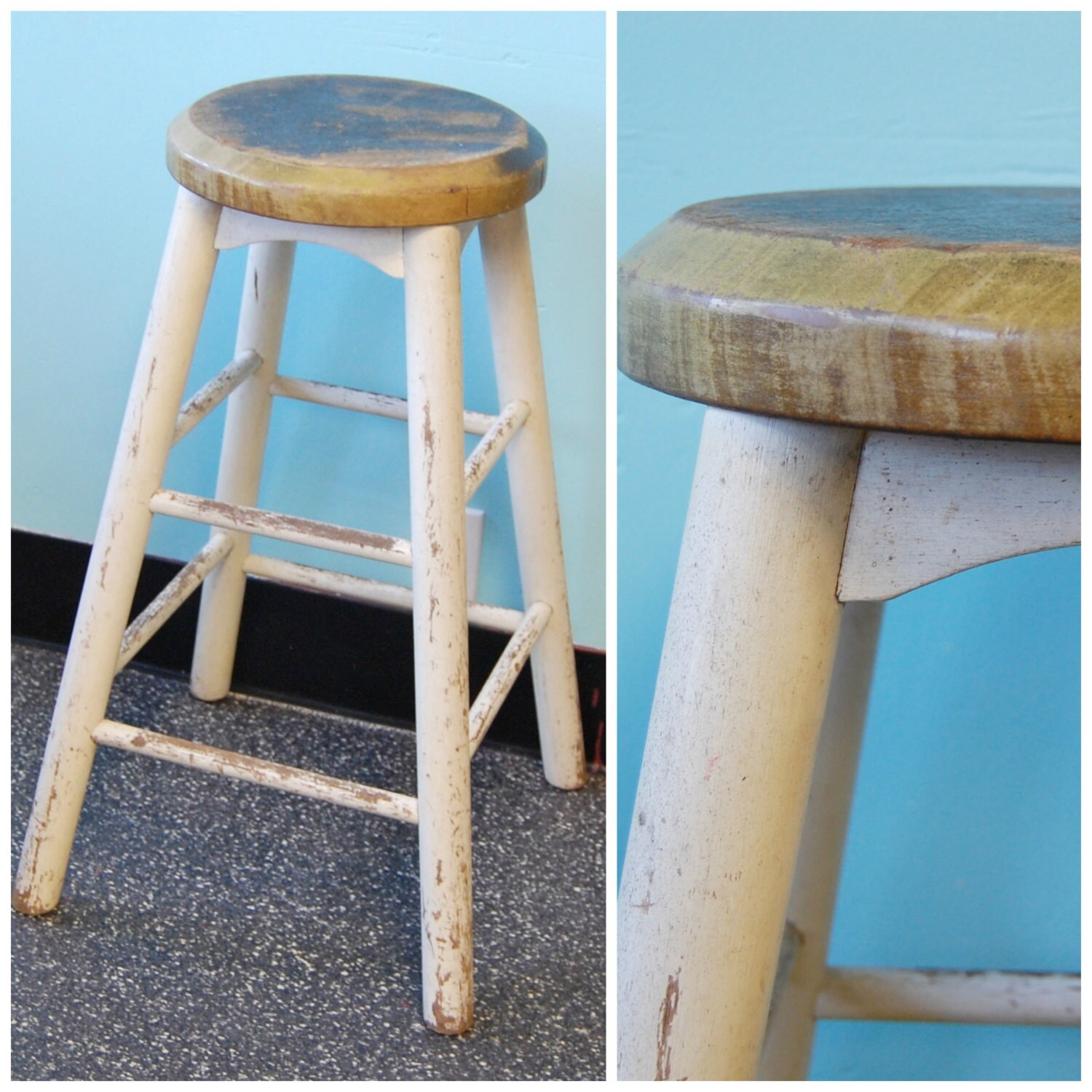 Rustic Wood Stool – Tall Bar Kitchen Drafting Seat / Chair Wooden Top ...