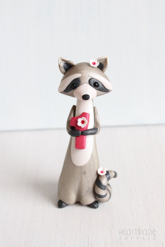 Birthday Raccoon personalised clay cake topper figurine by