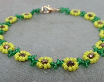 Beaded Sunflower Bracelet Seed Bead Bracelet Yellow Summer