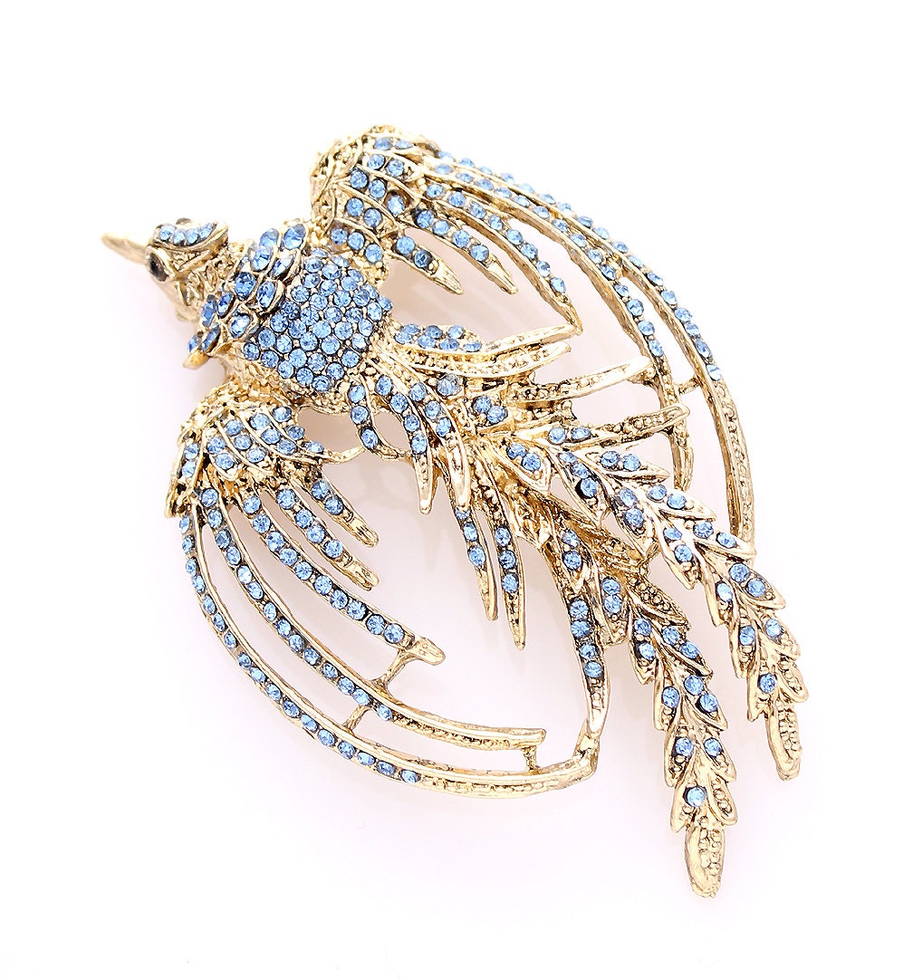 Phoenix Brooch Crystal Blue Gold Phoenix Broach Bird