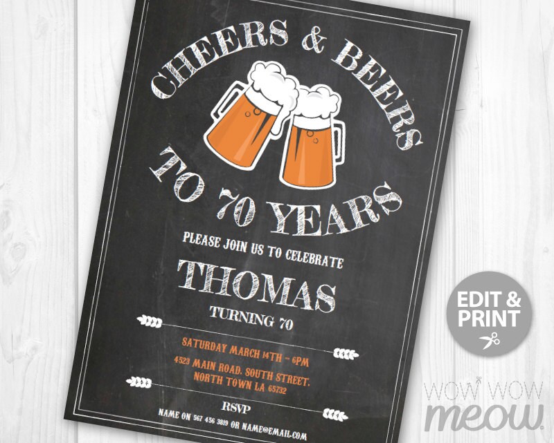Cheers And Beers To 70 Years Invitation Chalk Birthday Invite