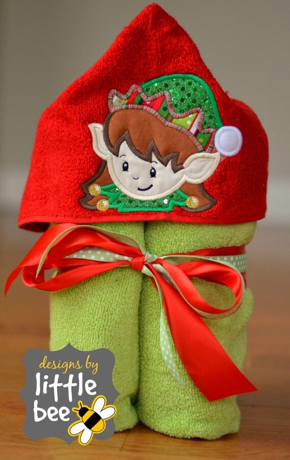 hooded towel applique design peeker elf girl. embroidery