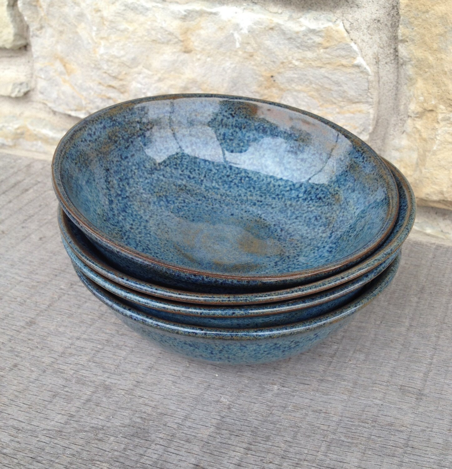 Set of 4 Blue Wheel thrown stoneware pottery bowls