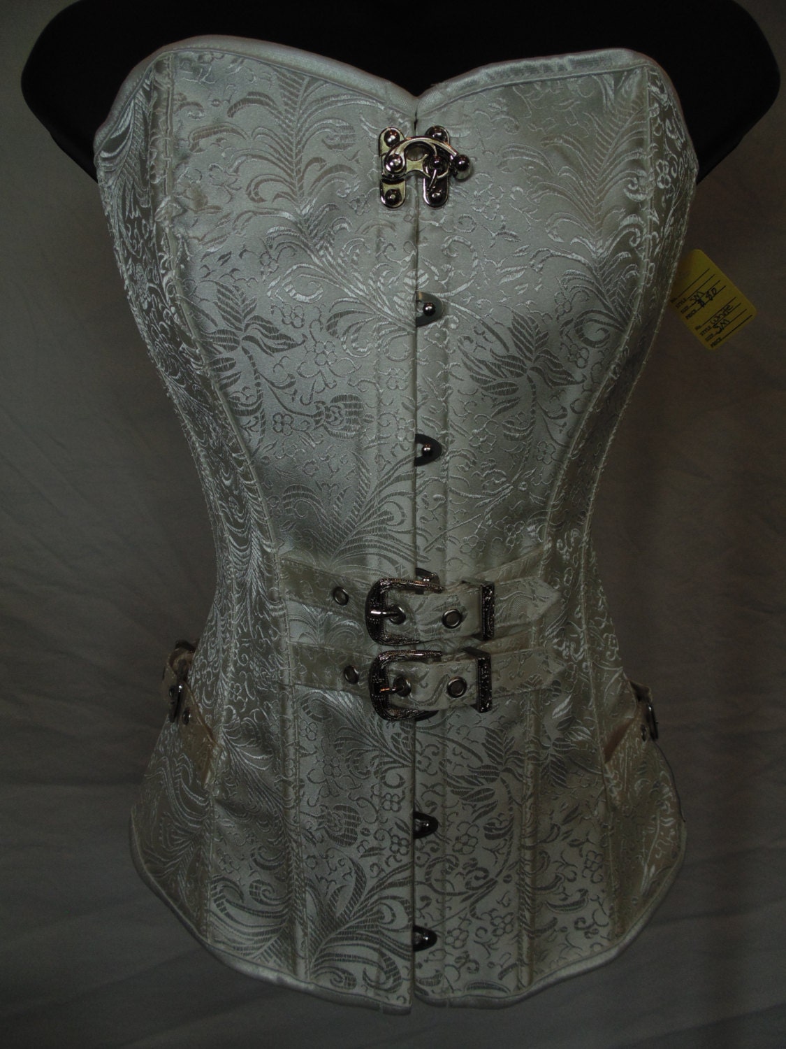 White Brocade Corset with Lock Hook and Buckle front closure