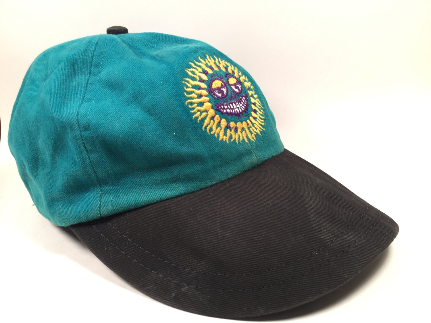 90s Green Sun Spiral Leather Strap Grunge Dad Hat