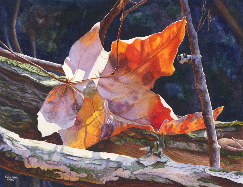 Autumn leaf art watercolor painting print by Cathy Hillegas