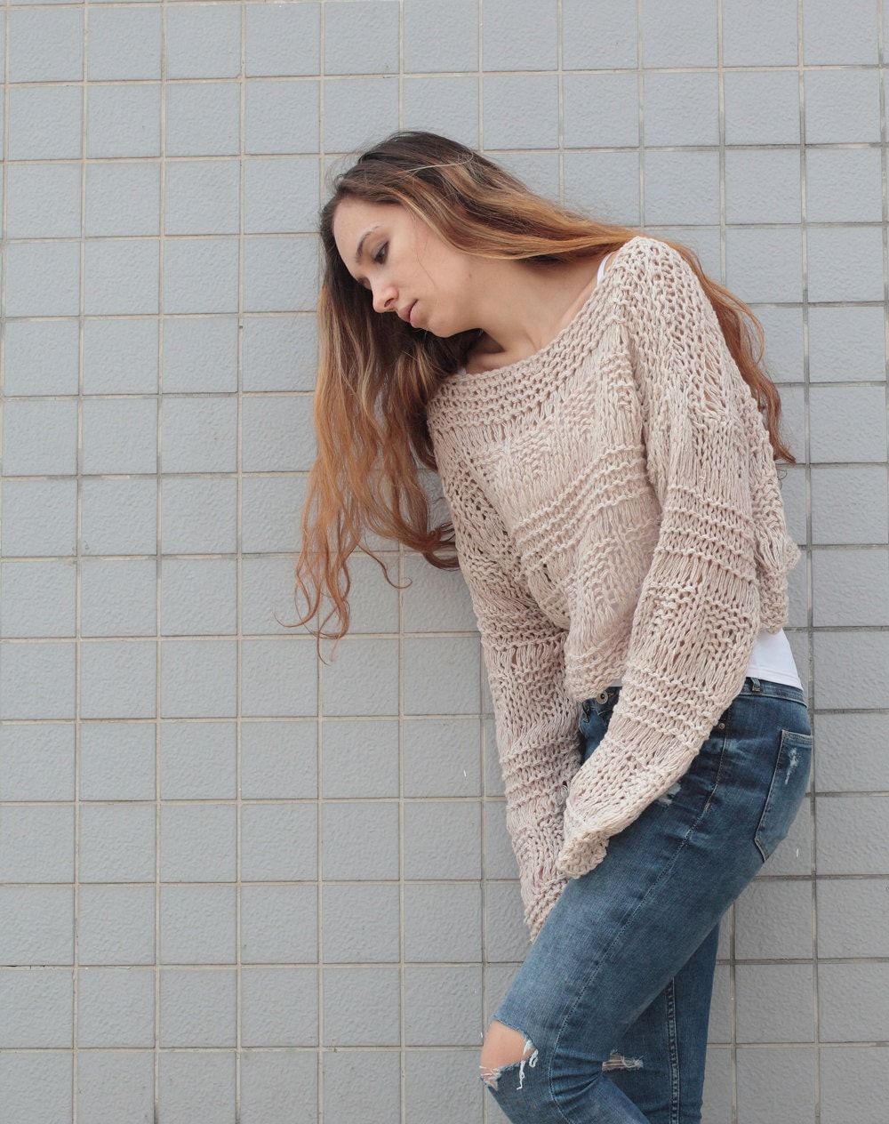 Hand knit sweater wool woman sweater cropped sweater Wheat