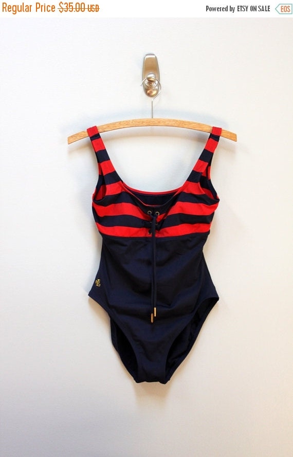 WINTER SALE vintage 90s ralph lauren swimsuit / nautical stipes,red and ...