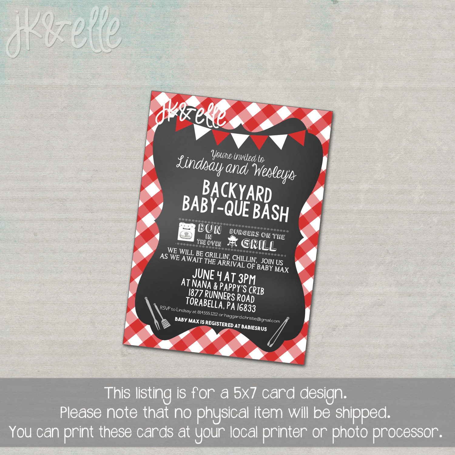 Chalkboard and Gingham Checkered Baby-Que Invitation