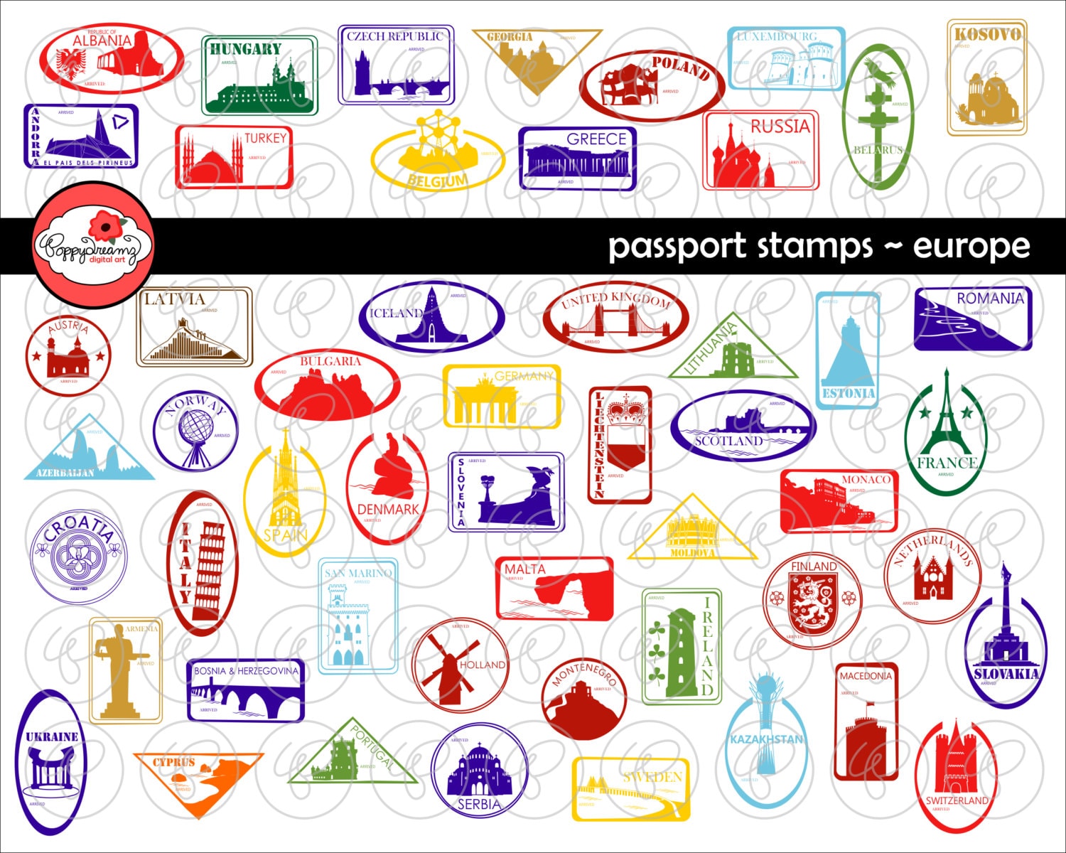 Passport Stamps European Landmarks and National Symbols
