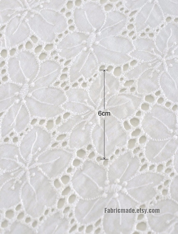 White Cotton Fabric With Embroidered Flower Hollowed by fabricmade