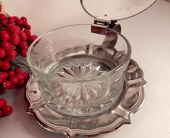 Silver Metal Covered Jam Dish Ornate Glass Sauce Serving Bowl