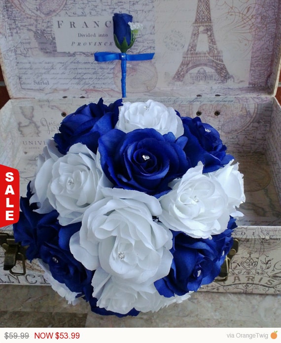 Royal Blue White Rose Bouquet Royal Blue by SilkFlowersByJean