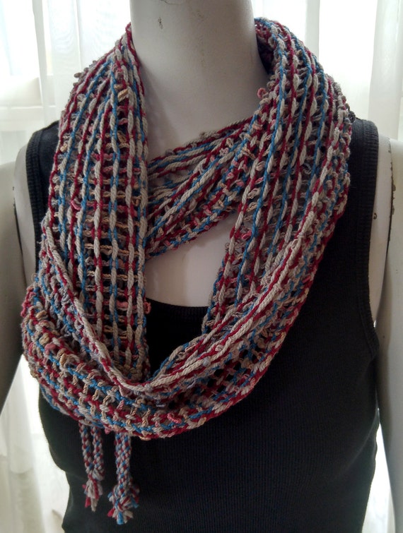 Hand-woven light-weight lacy red gray blue summer scarf mesh